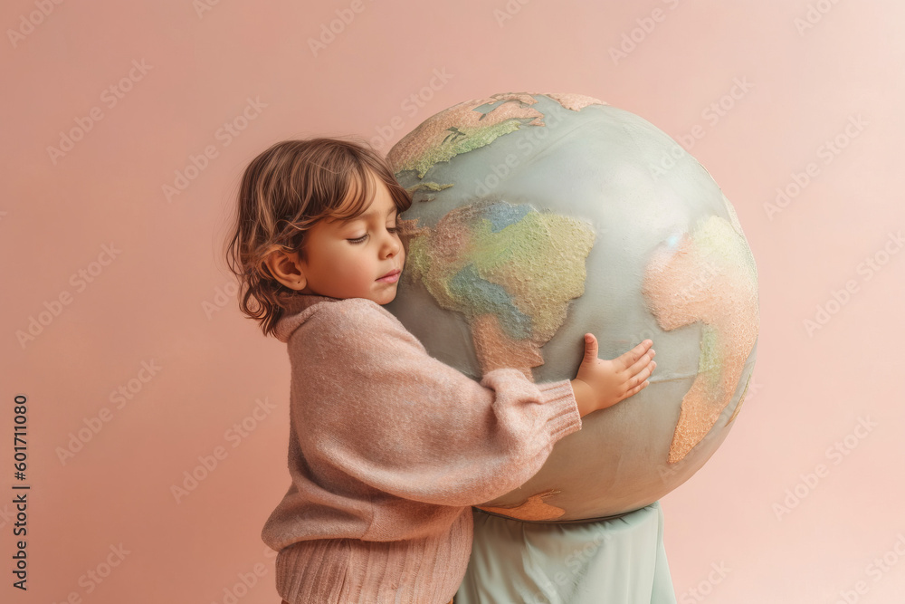 A young child hugging a planet earth model. Protecting environment ...