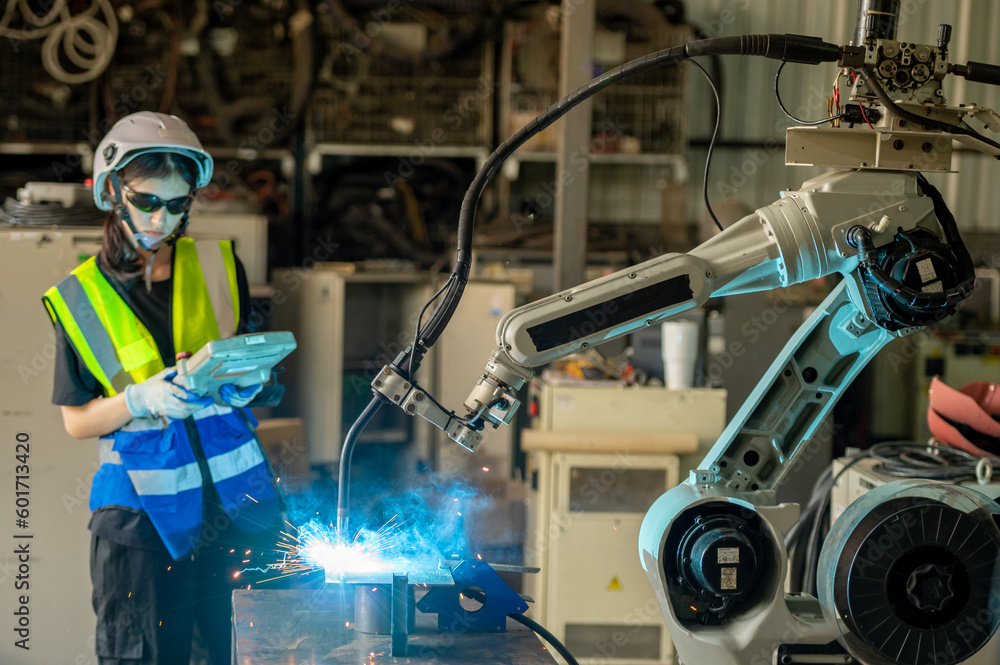 Engineer control robot arm machine welding steel, worker using forcing welding control screen ...