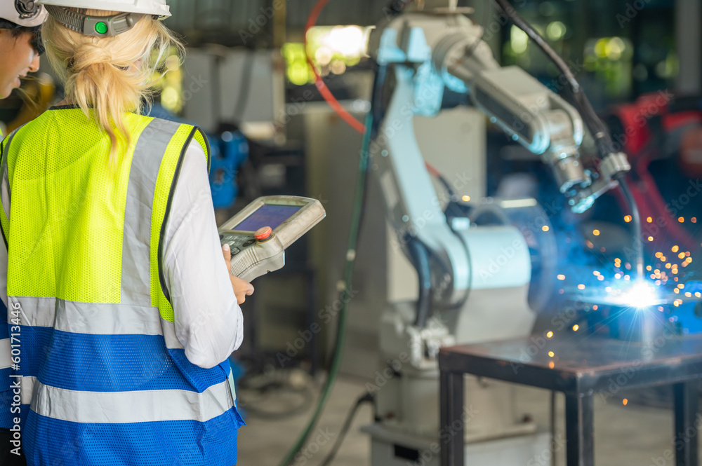 Engineer control robot arm machine welding steel, worker using forcing welding control screen ...