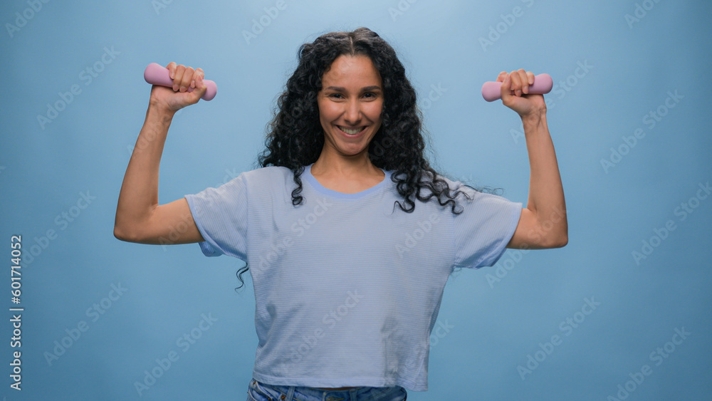 Happy woman strong Indian girl Hispanic smiling female model show hands ...