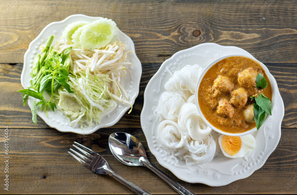 Set of Thai cuisine Thai food "KaNom jeen" is Noodles and coconut milk ...