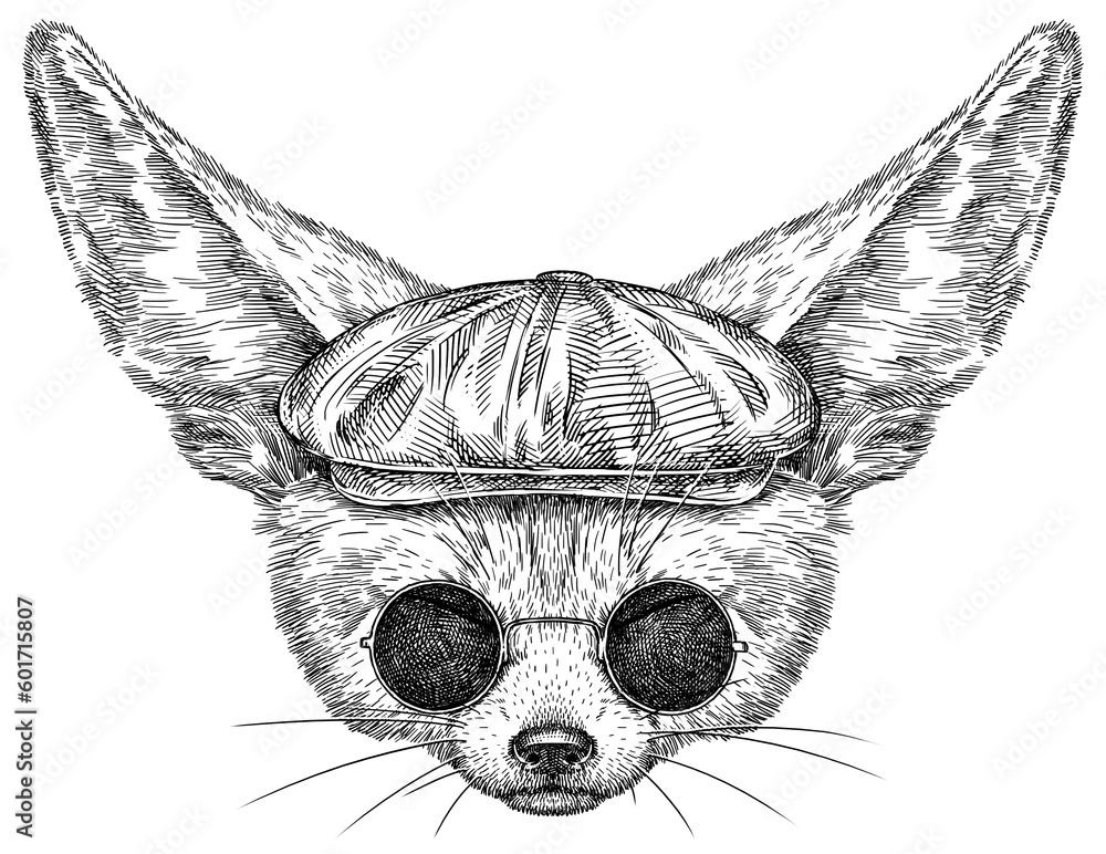 Vintage engraving isolated fennec set glasses dressed fashion ...