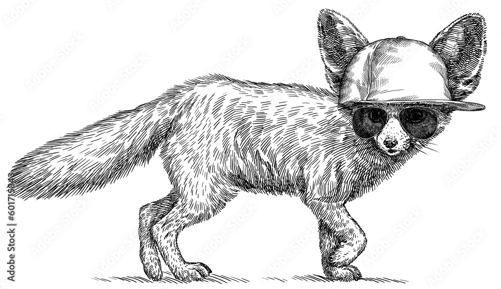 Vintage engraving isolated fennec set glasses dressed fashion ...