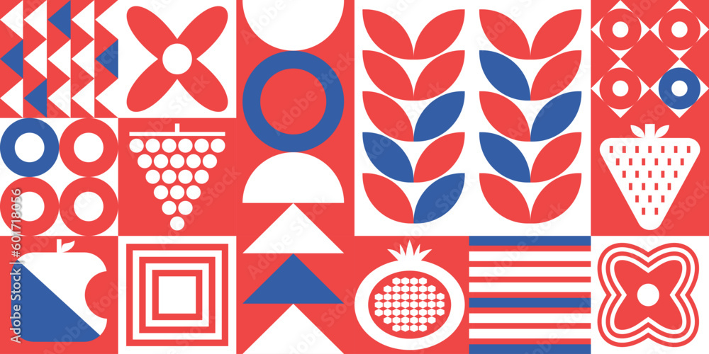 Scandinavian Fruit pattern. Abstract bauhaus food shapes and floral ...