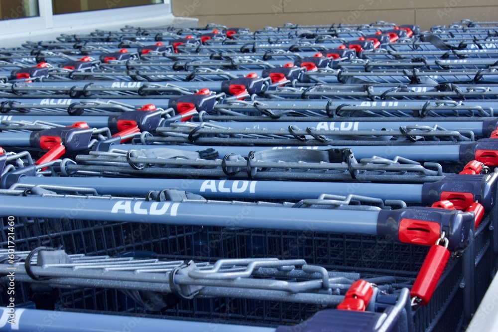 Aldi Food Market shopping carts, with coin release, lined up for ...