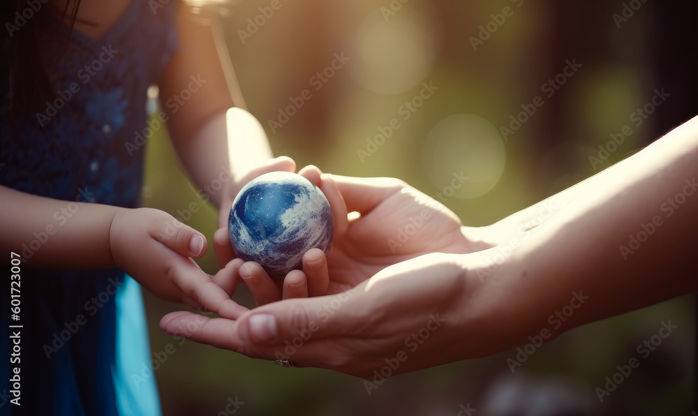 World planet in little hands. Small earth in girl hands. generative ai ...