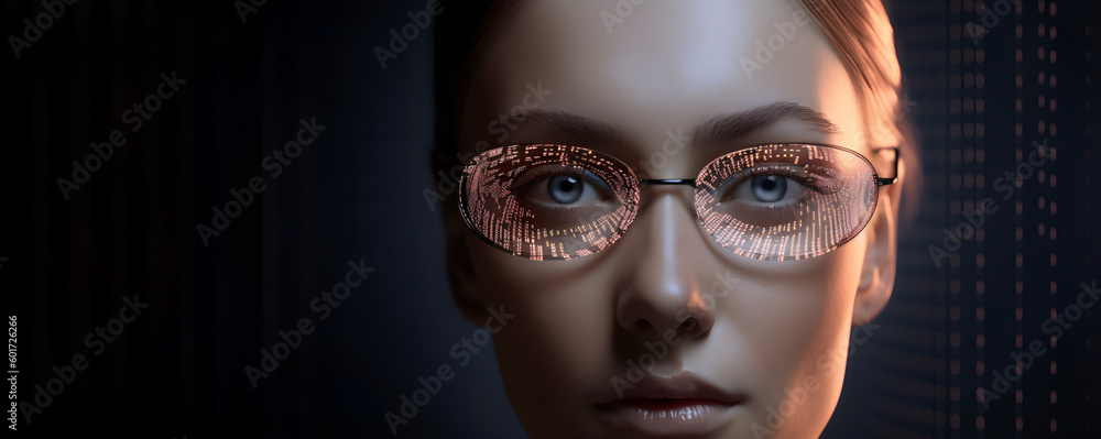 Young women face with glasses with binary code reflection on black ...