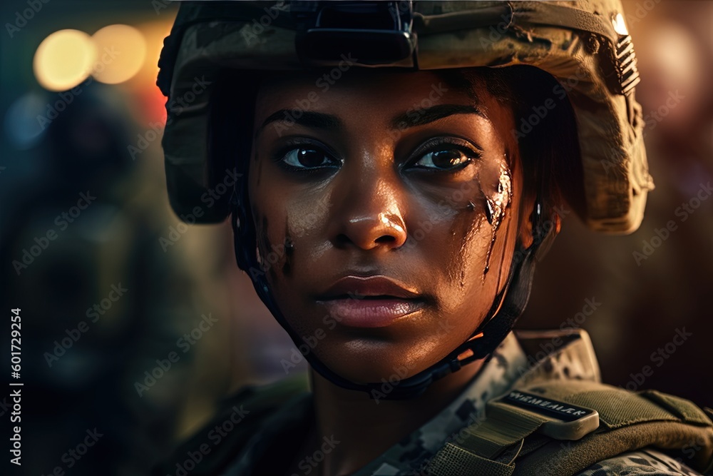 Young black woman wearing military uniform including camouflage ...