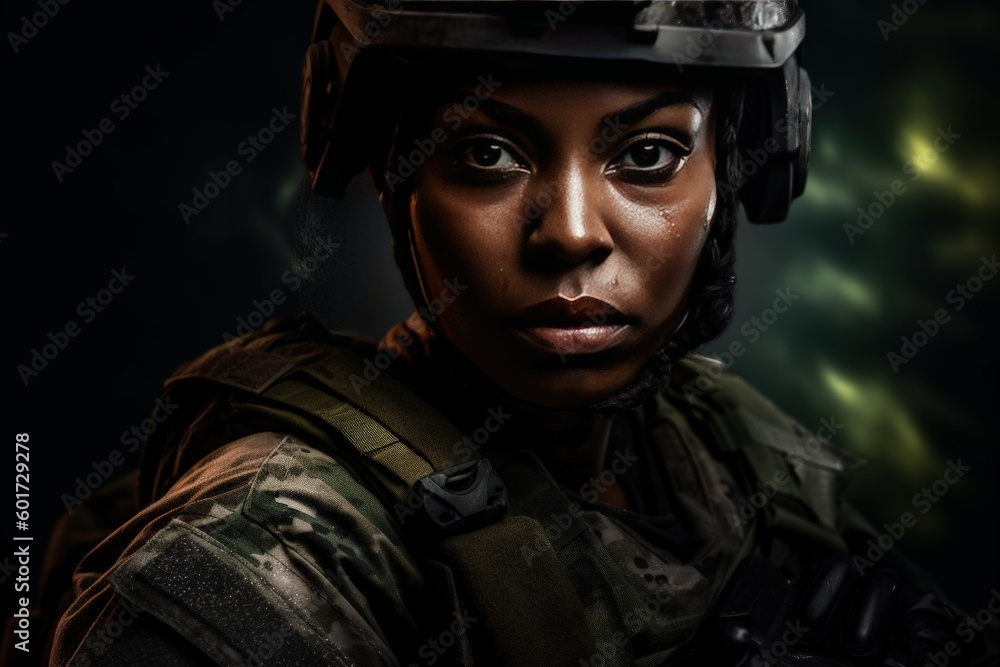 Young black woman wearing military uniform including camouflage ...