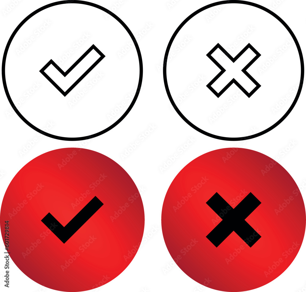 Line set of validation buttons check mark and close vector. Tick and ...