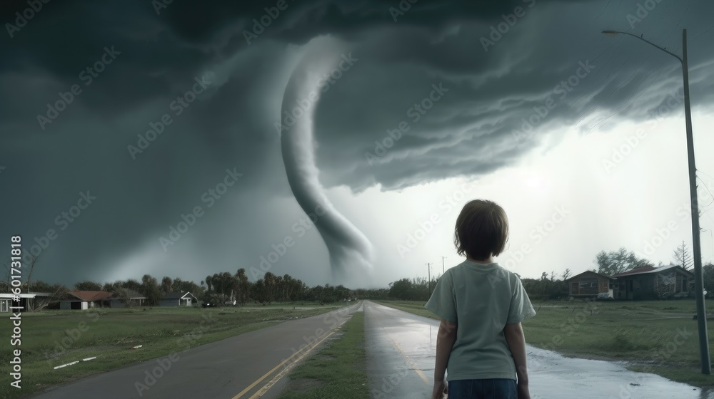 Rear view of little boy looks to huge tornado in countryside city ...