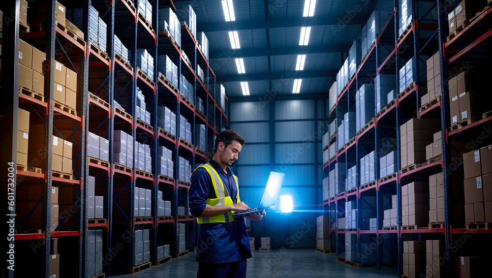 Man using laptop in warehouse space, person checking products and ...