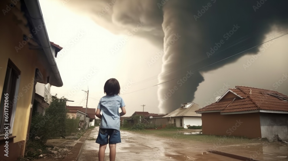 Rear view of little boy looks to huge tornado in countryside city ...