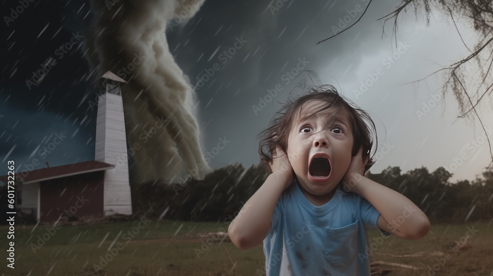 Screaming little girl runs away from huge tornado in countryside city ...