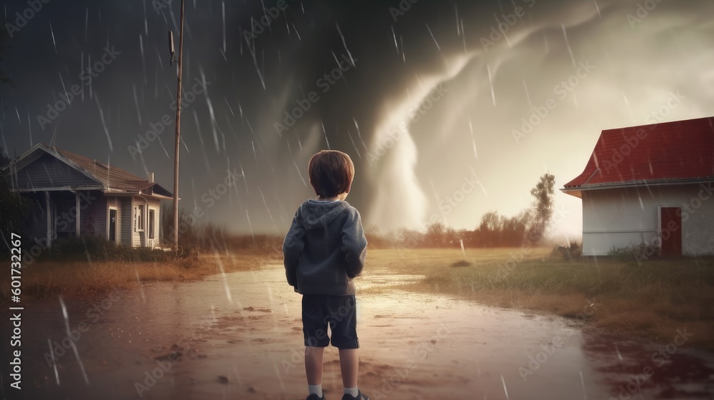 Rear view of little boy looks to huge tornado in countryside city ...