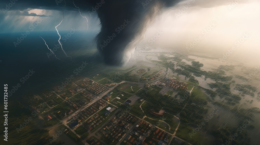 Aerial view of huge tornado in countryside city, windy weather with ...