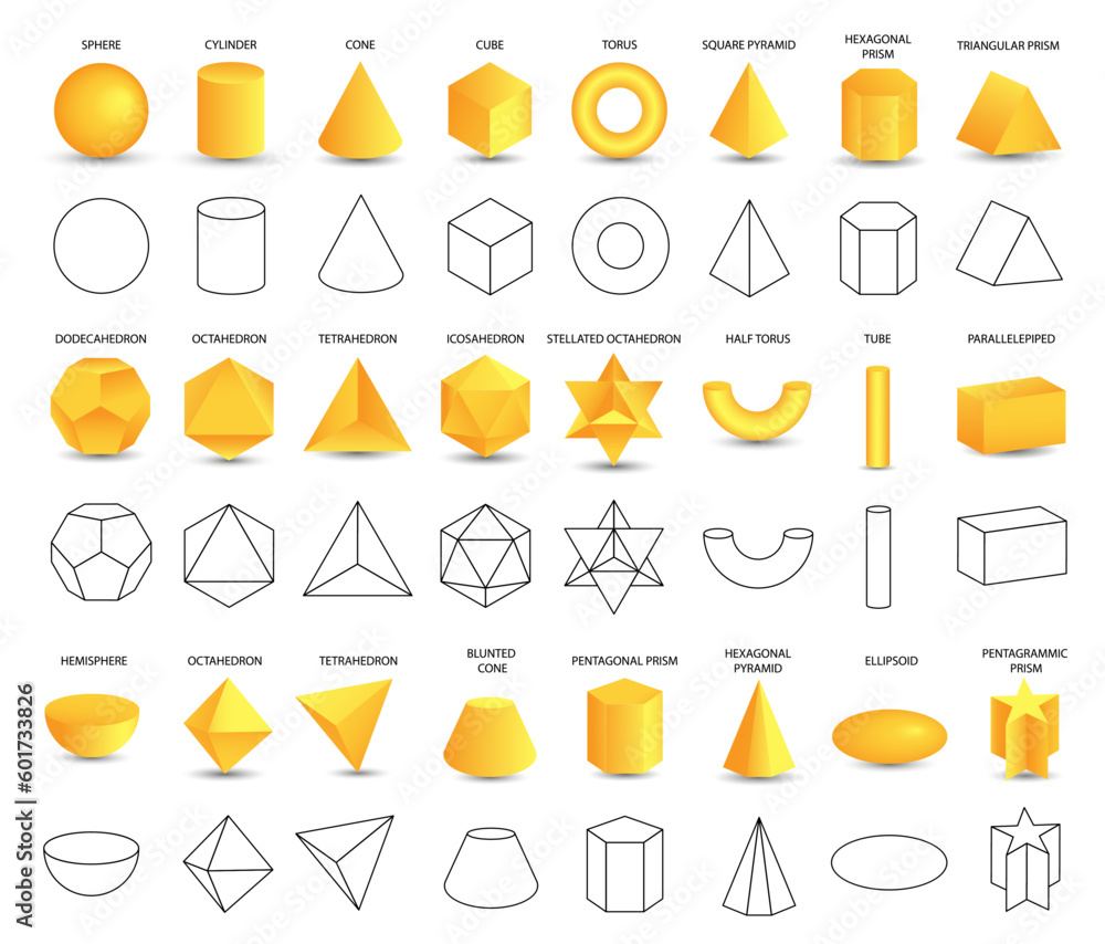 Set of vector realistic 3D yellow geometric shapes isolated on white ...