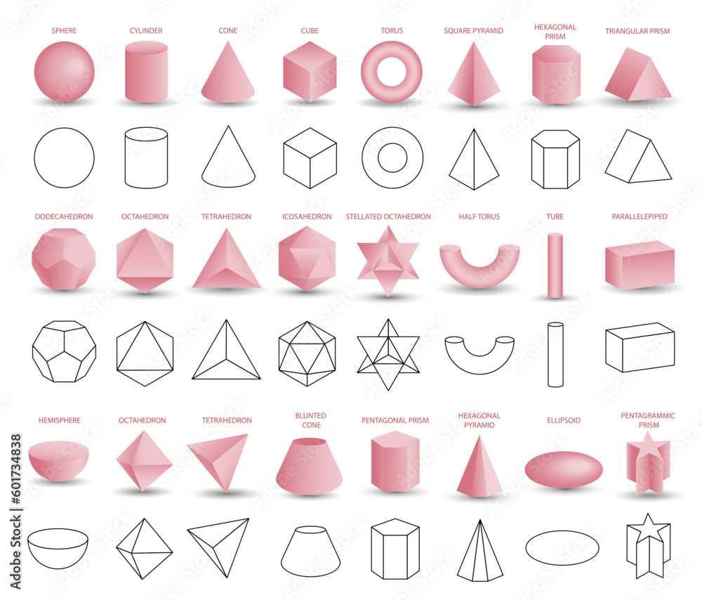 Set of vector realistic 3D pink geometric shapes isolated on white ...