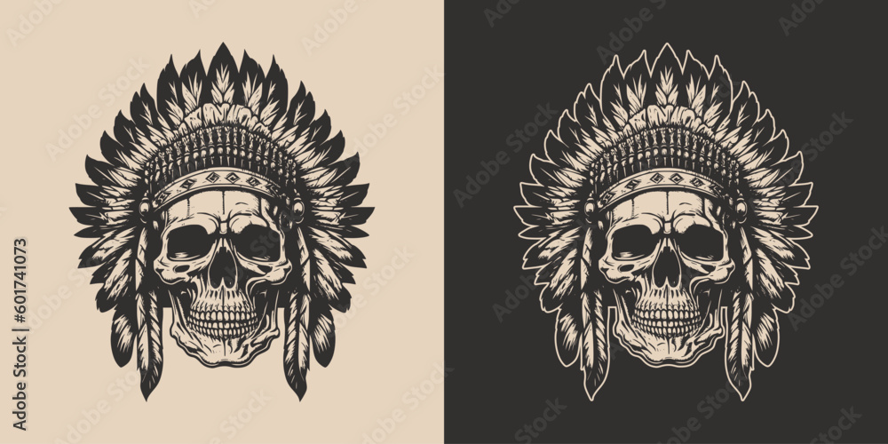 Set of vintage retro scary native american indian apache chief skull ...