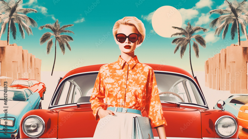 60s retro style fashion collage, woman wearing clothing with sunglasses ...