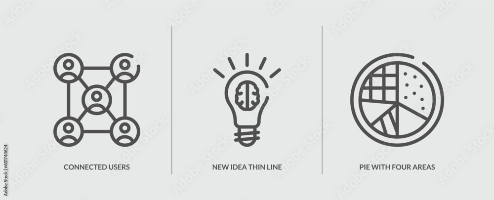 Vetor de set of 3 outline icons in user interface concept. thin line icons including connected ...