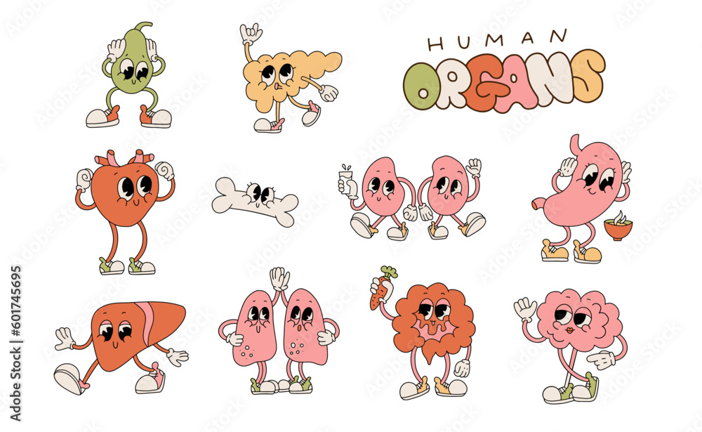 90s-00s retro Cartoon cute organ characters set. Happy healthy human ...