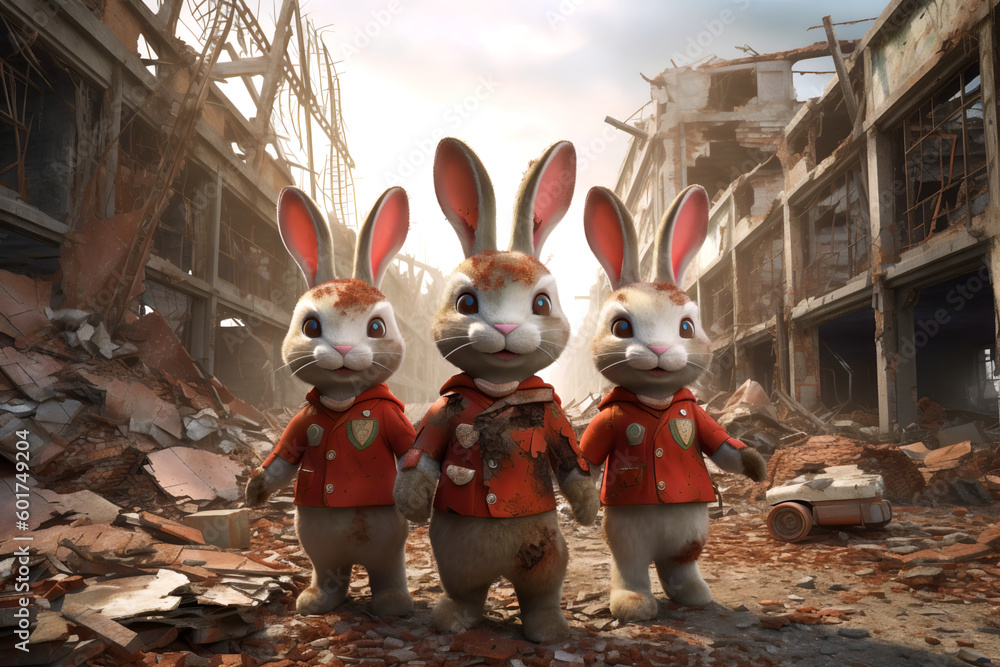 3 bunnys as power Rangers posing in the city ruins, surrealism, high ...