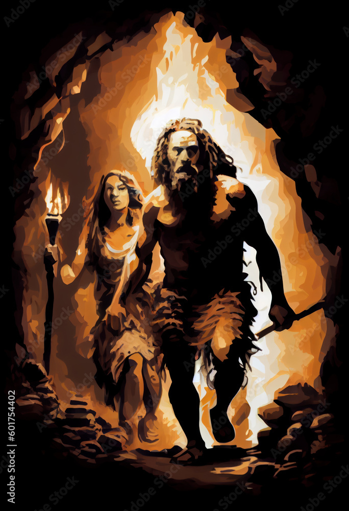 Caveman man and woman entering a cave. Generative AI. Stock ...