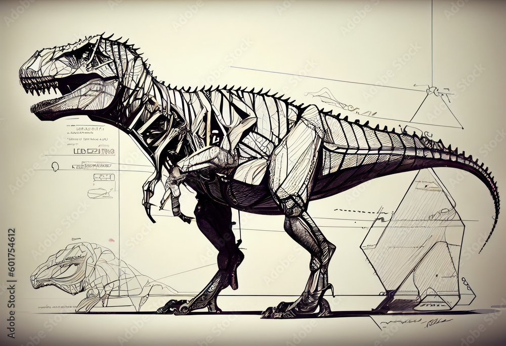 Anatomical diagram of a dinosaur in profile in black and white ...
