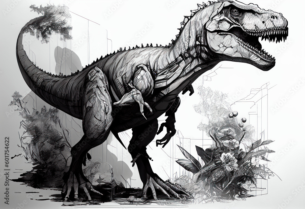 Anatomical diagram of a dinosaur in profile in black and white ...