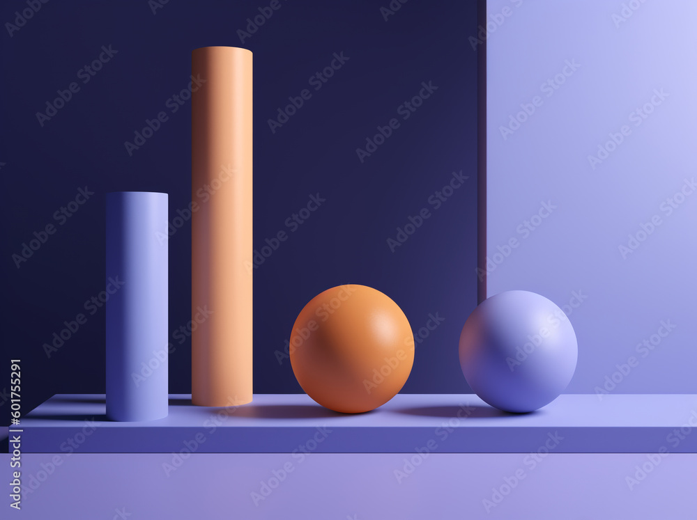 Front view of 3d image of two spheres next to two cylinders on light ...
