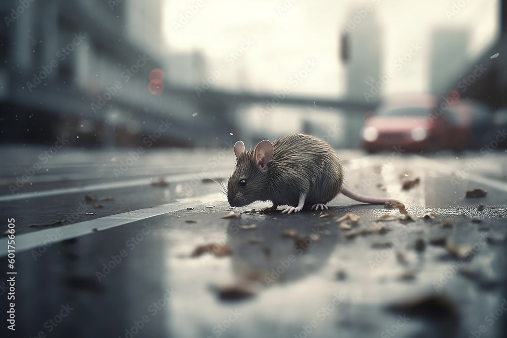 Tiny street grey dirty mouse rat eat walks through the rubbish garbage bags on the unclean ...
