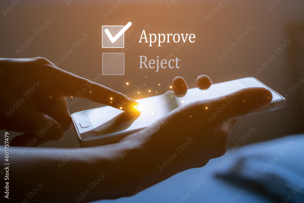 Human hand pishing on Approved, accept, pass inspection, Businessman writing or tick correct ...