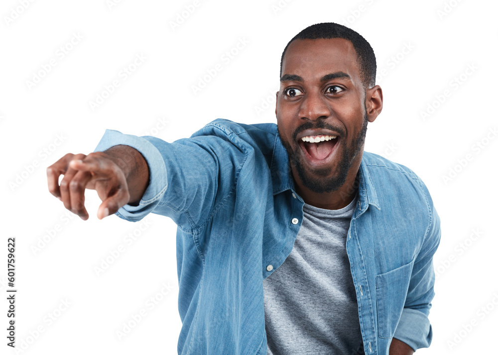 Wow, direction and pointing with an excited black man isolated on a ...
