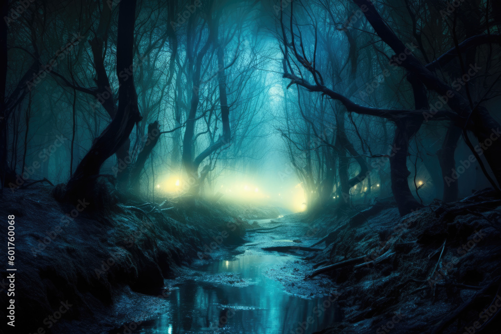Dark fantasy forest landscape with mysterious lights in the fog, Generative AI Stock ...