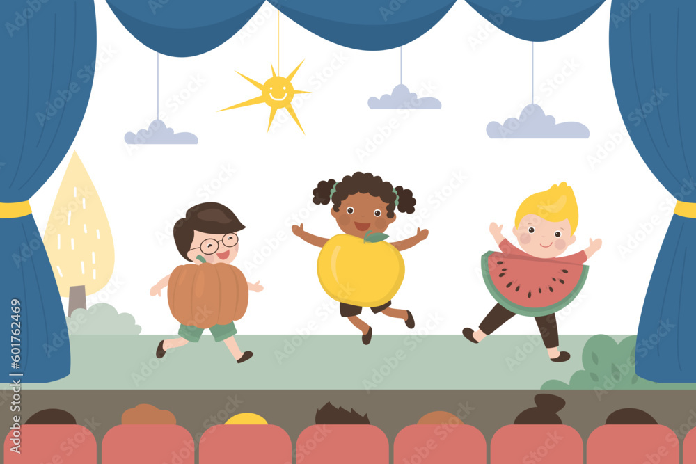 Funny multiethnic kids dressed up in fruit costumes. Children play in ...