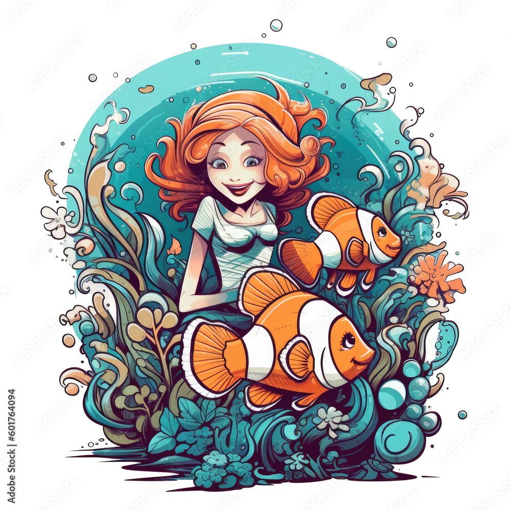 An adorable cartoonish image of a clownfish and a mermaid in a colorful ...
