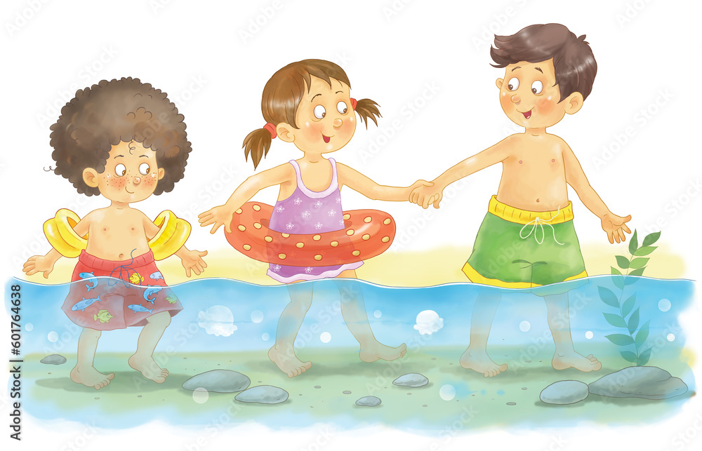 Summer. Happy children swimming in the sea. Illustration for children ...