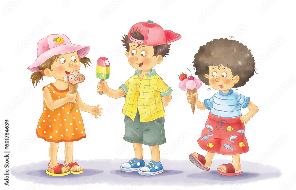 Summer. Happy cute kids eating ice cream. Illustration for children ...