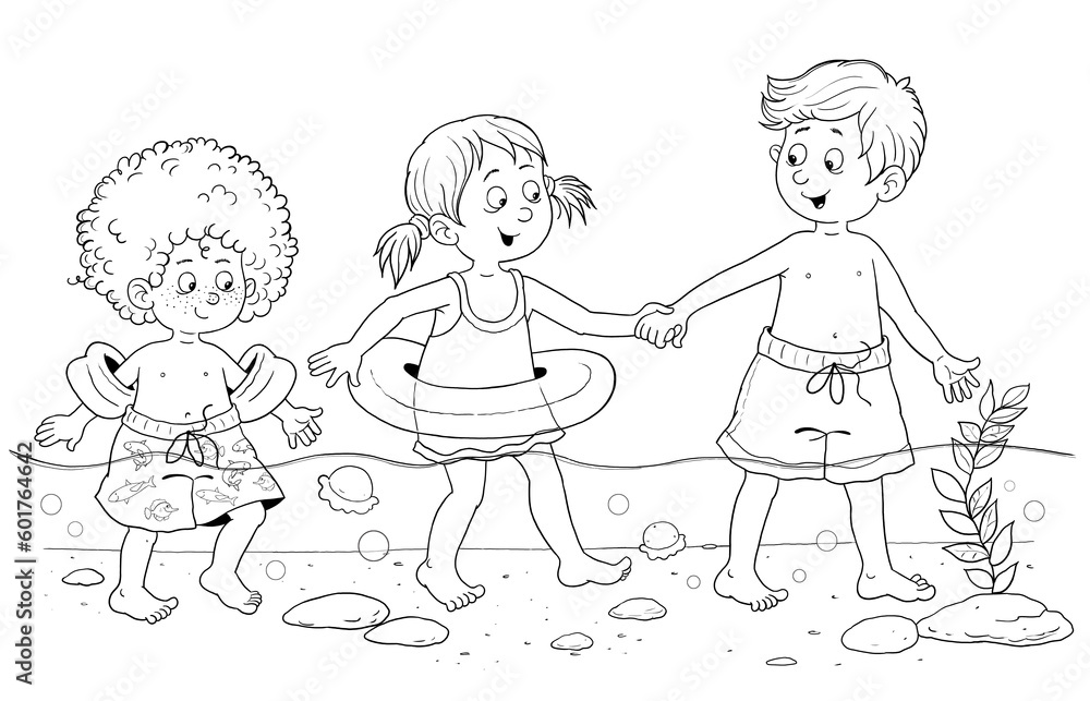 Summer. Happy children swimming in the sea. Illustration for children ...