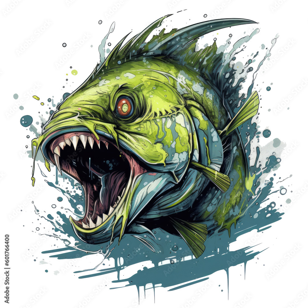 An angry mutant Mahi-Mahi fish t-shirt design, with the fish's body ...