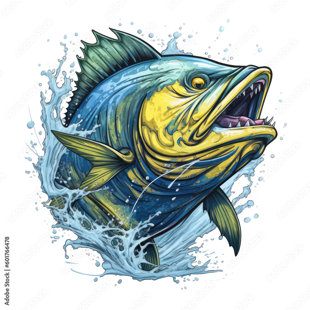 An indignant mutant Mahi-Mahi fish with sharp teeth and fins as big as ...