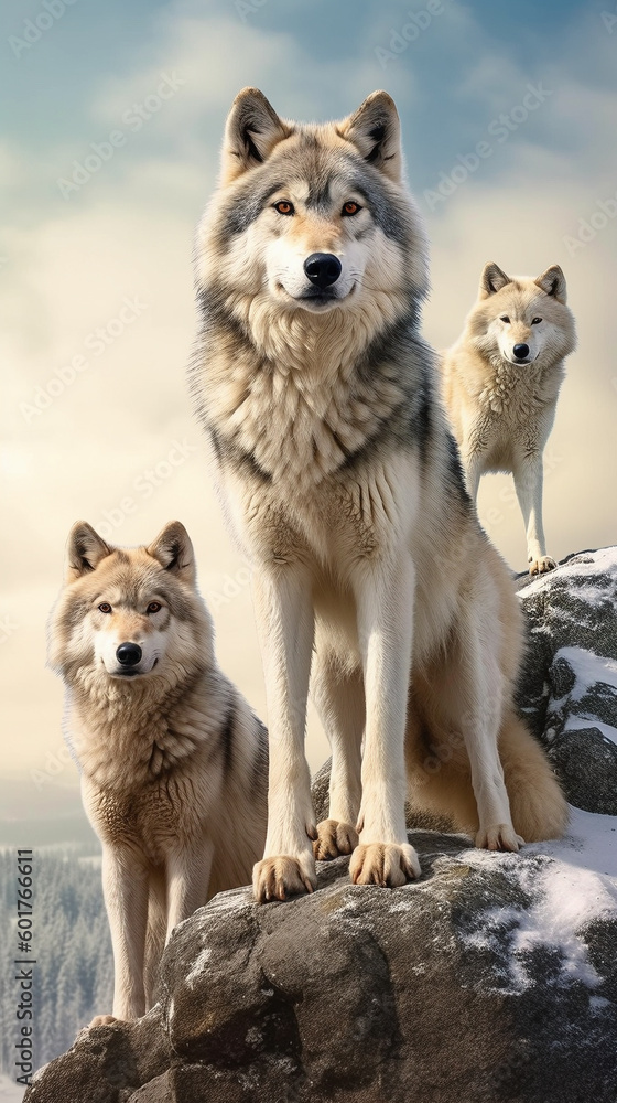 Majestic family of wolves standing on a snowy cliff, their piercing ...