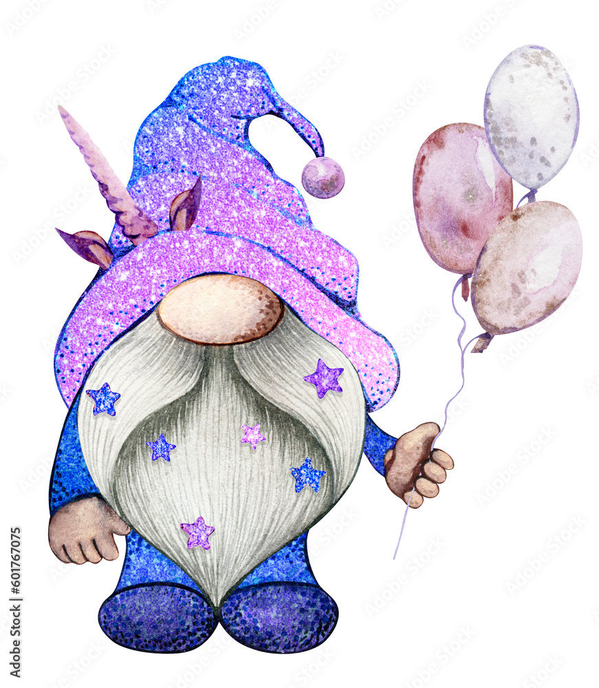 Watercolor Birthday Greeting Gnome. Happy Birthday Gnome. Unicorn Gnome ...