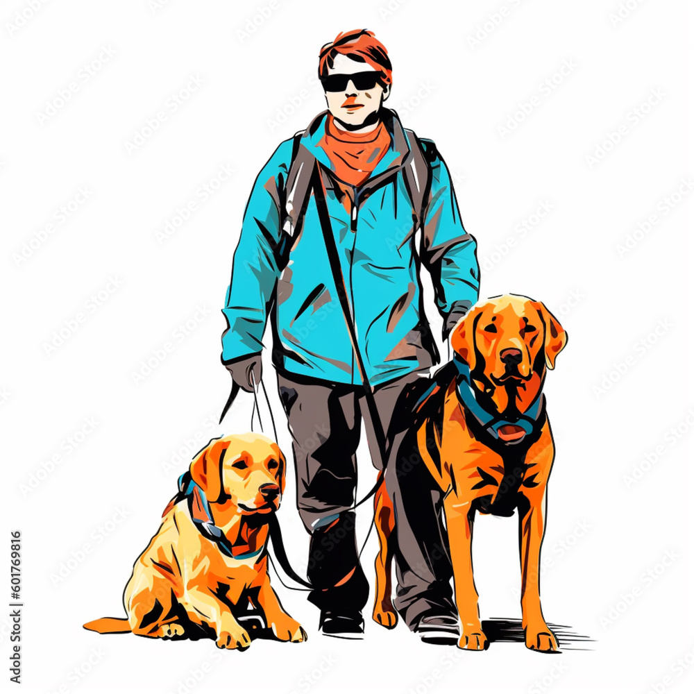 A cheerful blind man with his service dog. The dog is trained to help ...