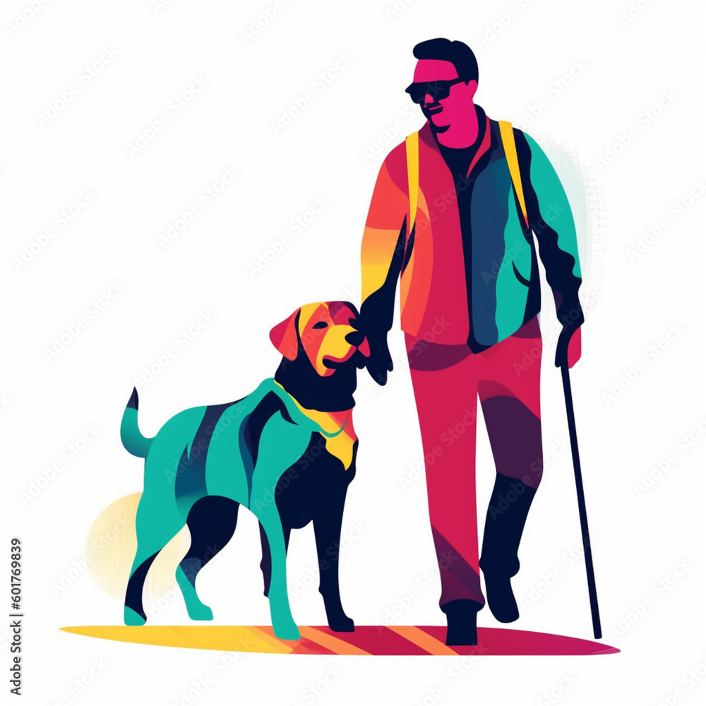 A cheerful blind man with his service dog. The dog is trained to help ...