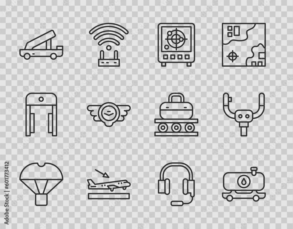 Set line Box flying on parachute, Fuel tanker truck, Radar with targets ...