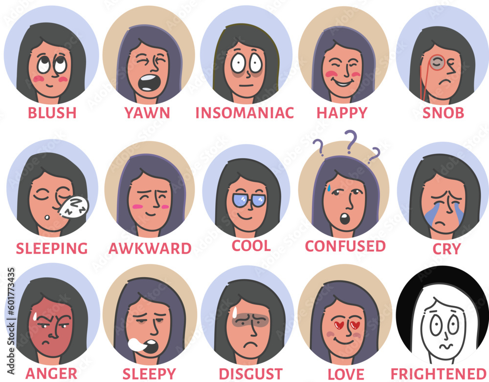 set of emotion cartoon female faces vector, comic Faces with various ...
