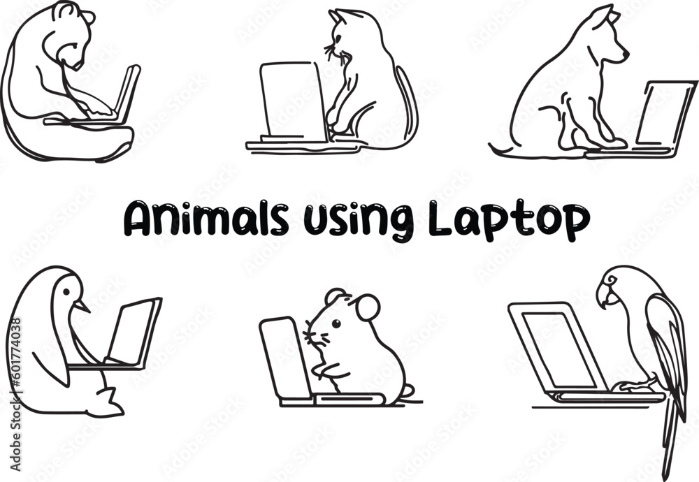 Animals using laptop and seriously working line art vectors silhouette ...