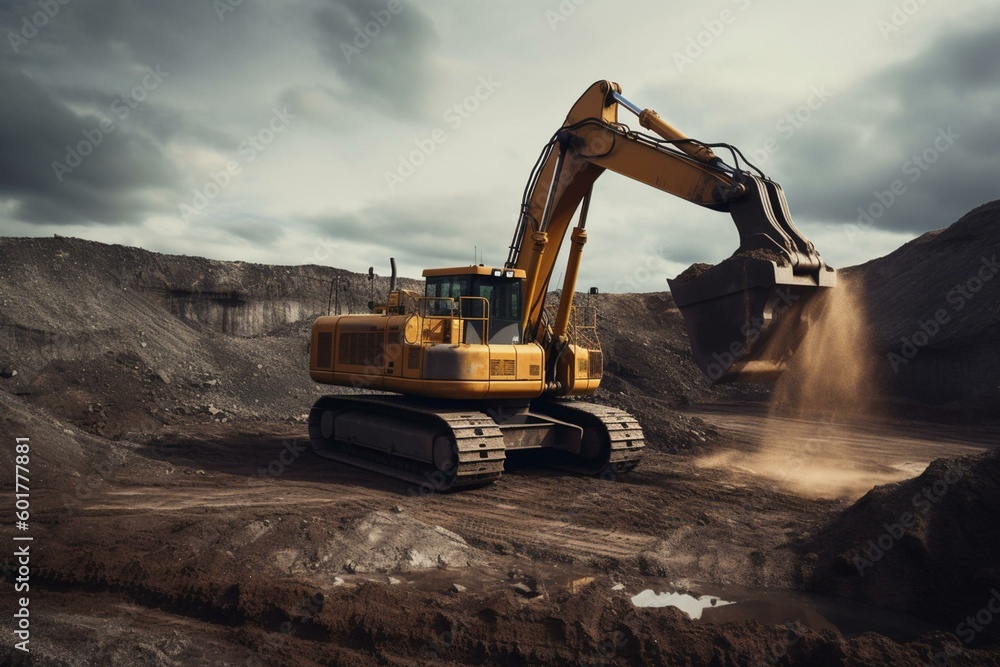 Mining construction with quarry excavator digging minerals from granite ...